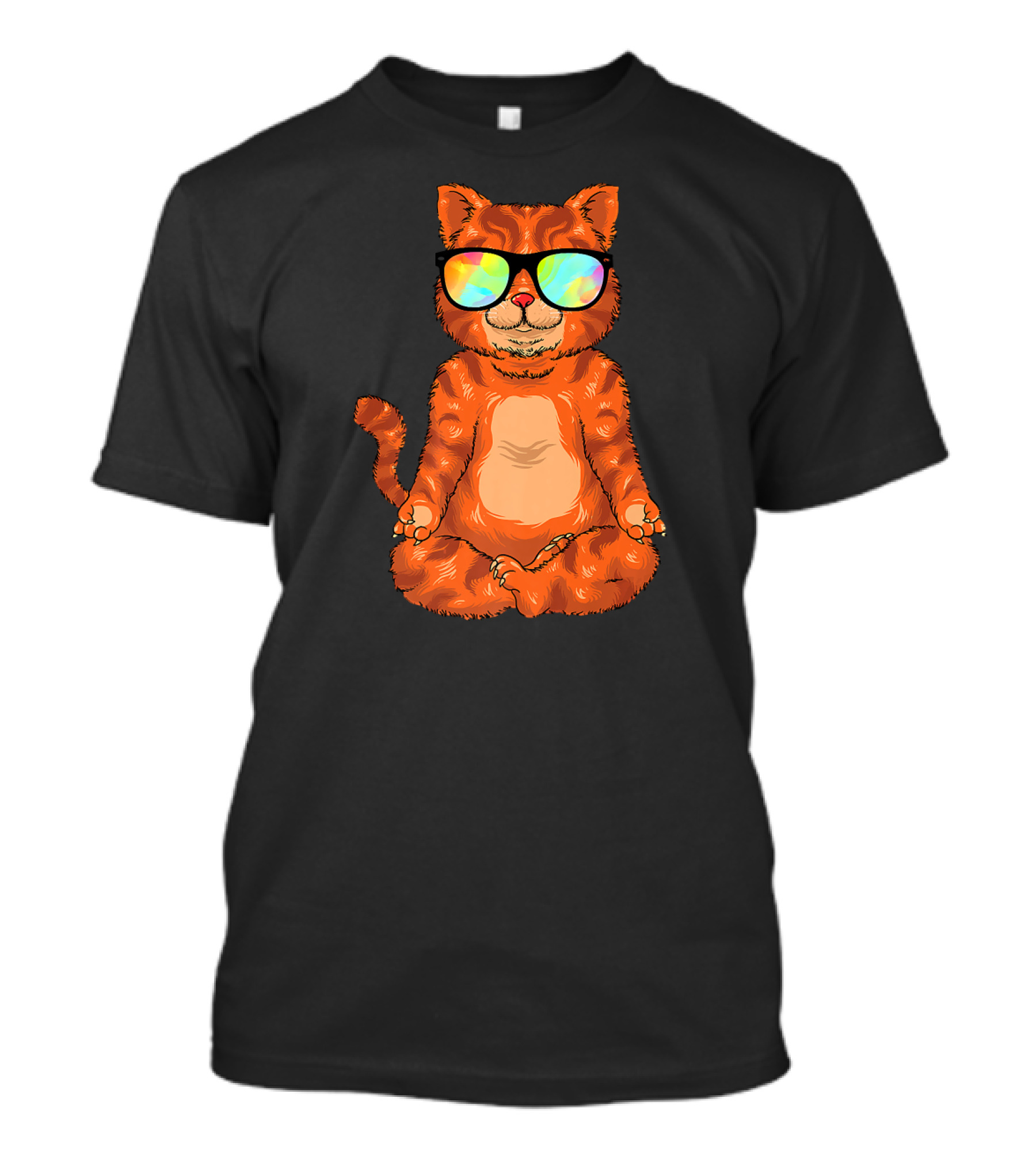 Meditating Cat In Colorful Sunglasses Yoga Pose Cute Drawing T-Shirt