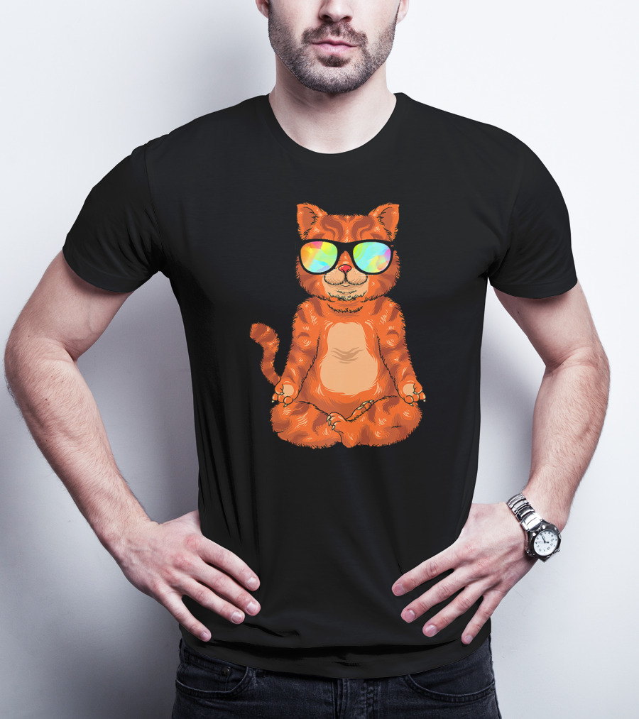 Meditating Cat In Colorful Sunglasses Yoga Pose Cute Drawing T-Shirt