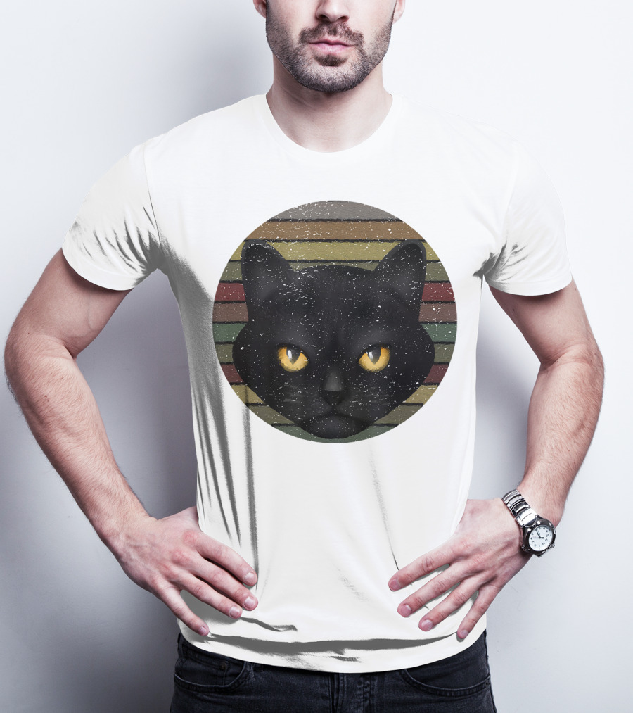 Realistic Cat Black Face On Retro Striped Circle T-Shirt