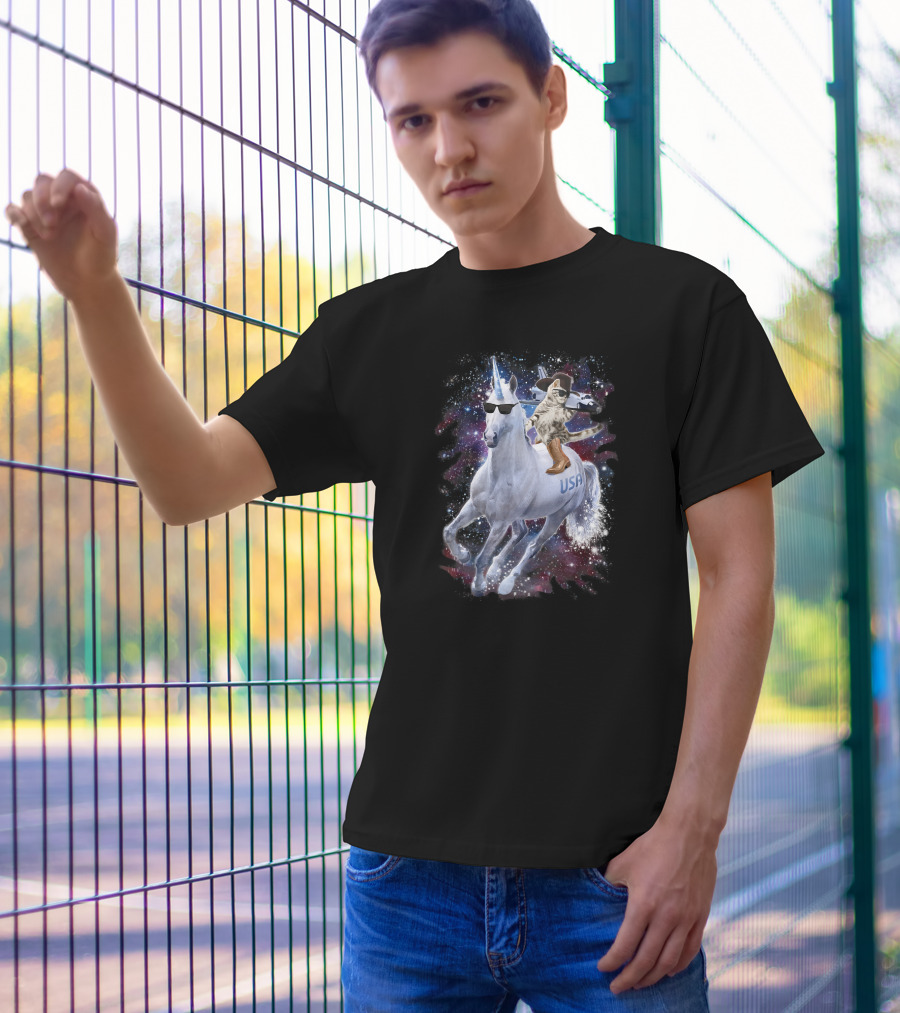 USA Space Cowboy Cat Riding Sunglasses Unicorn In Galaxy T-Shirt