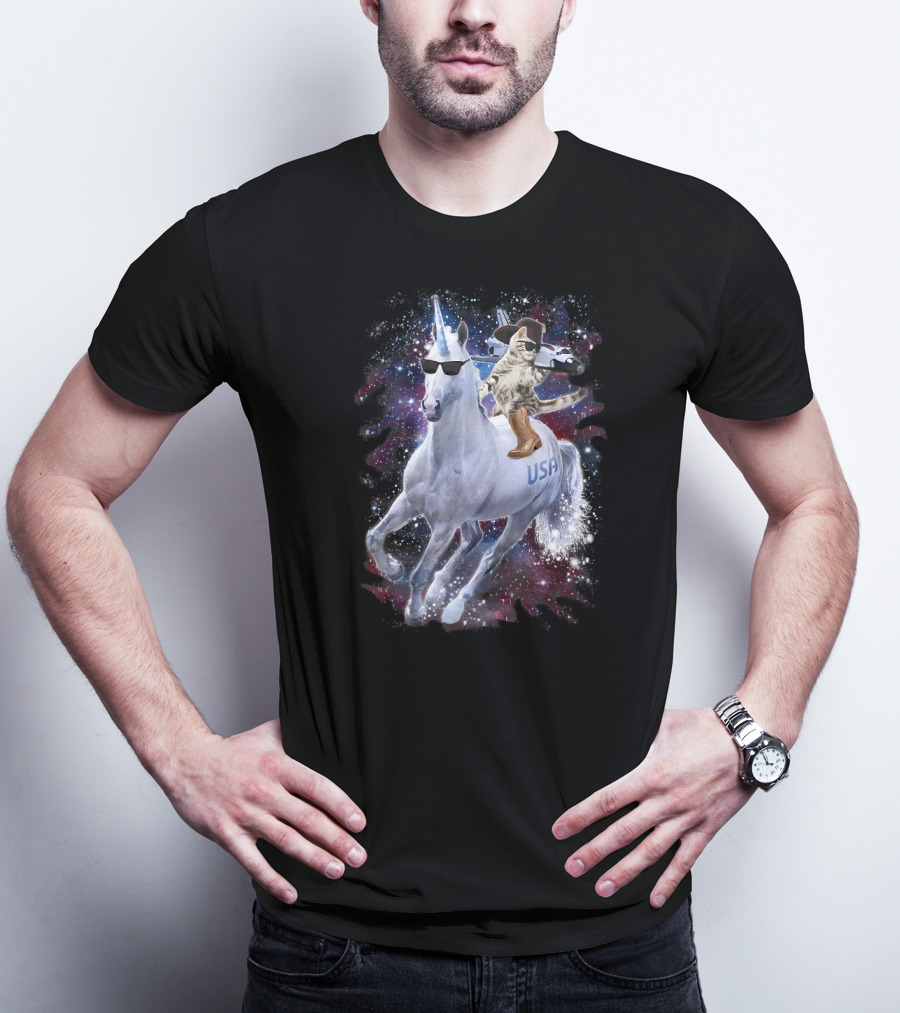 USA Space Cowboy Cat Riding Sunglasses Unicorn In Galaxy T-Shirt