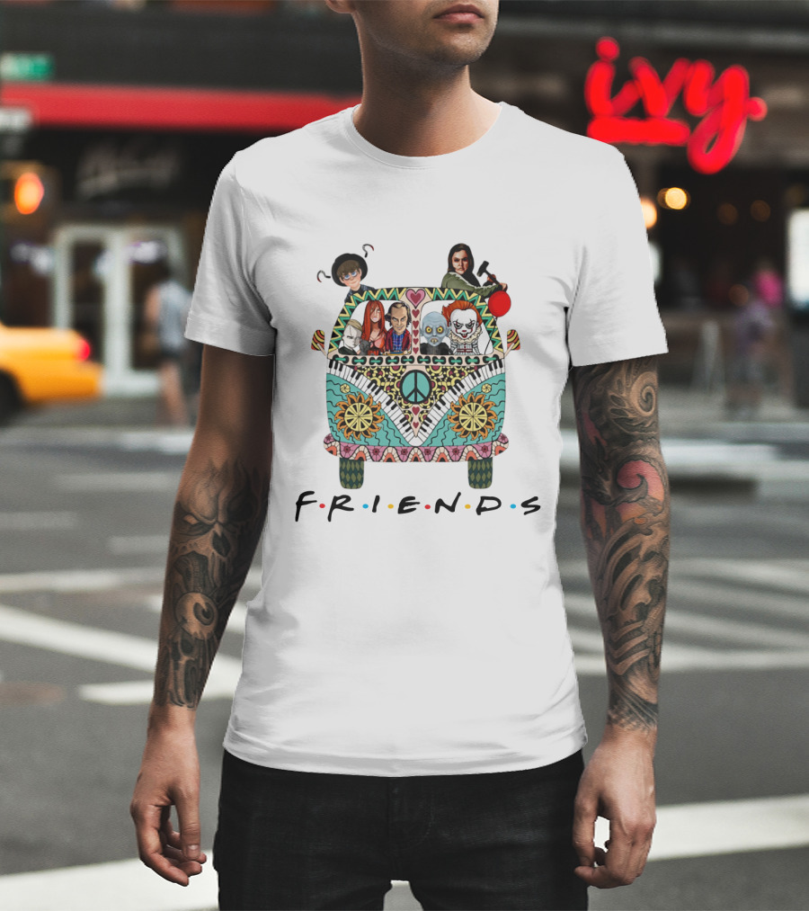 Hippie Van Journey With Friends Featuring Iconic Horror Movie Characters T-Shirt