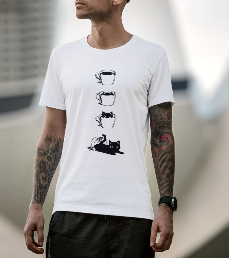 Cute Black Cat In Coffee Cups Sequence T-Shirt
