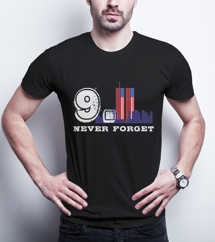 9 Never Forget Twin Towers Skyline American Flag T-Shirt