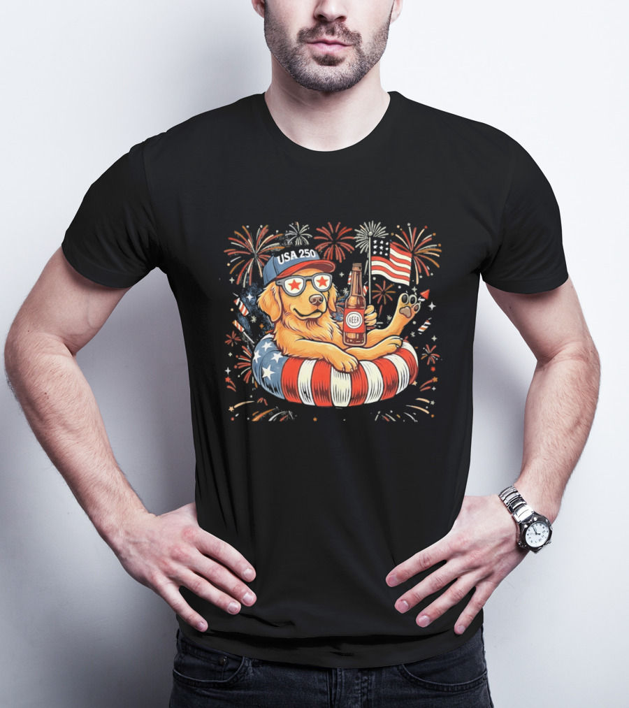 Golden Retriever Beer USA 250 Fireworks American Flag 4th Of July T-Shirt