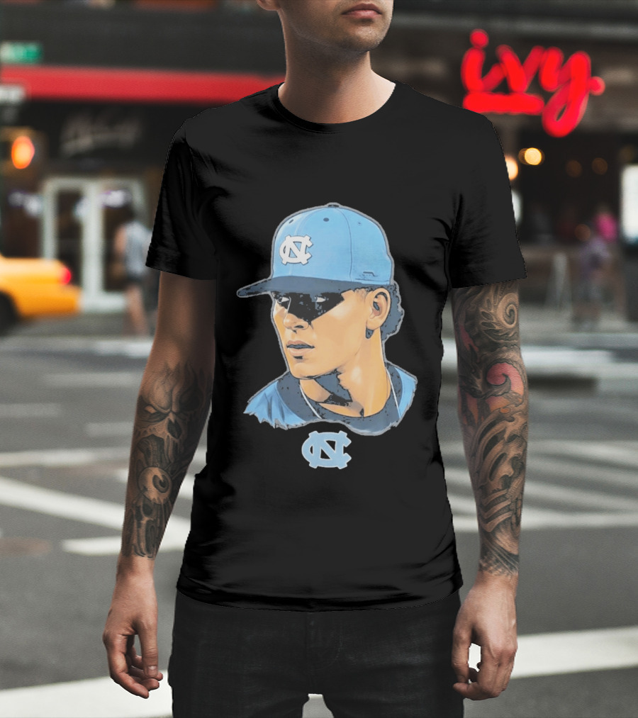 UNC Tar Heels Baseball Portrait Comic Style Navy Blue Cap T-Shirt