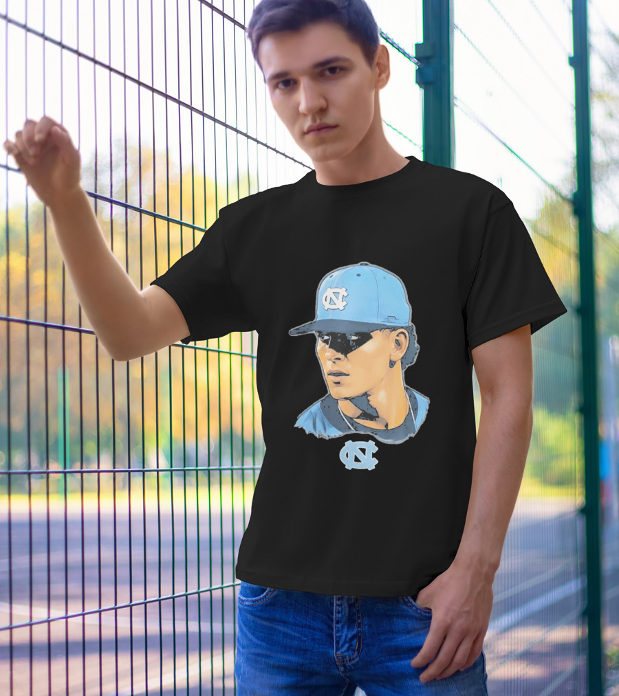 UNC Tar Heels Baseball Portrait Comic Style Navy Blue Cap T-Shirt