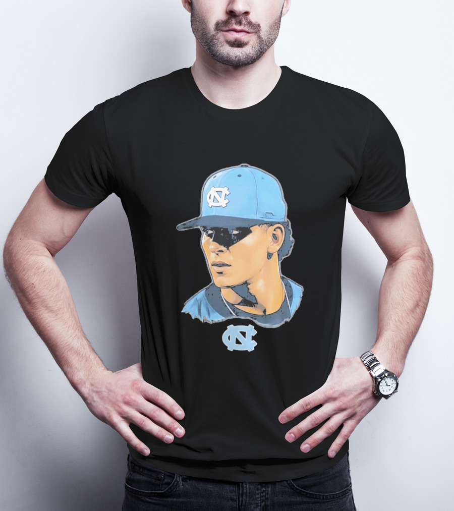 UNC Tar Heels Baseball Portrait Comic Style Navy Blue Cap T-Shirt