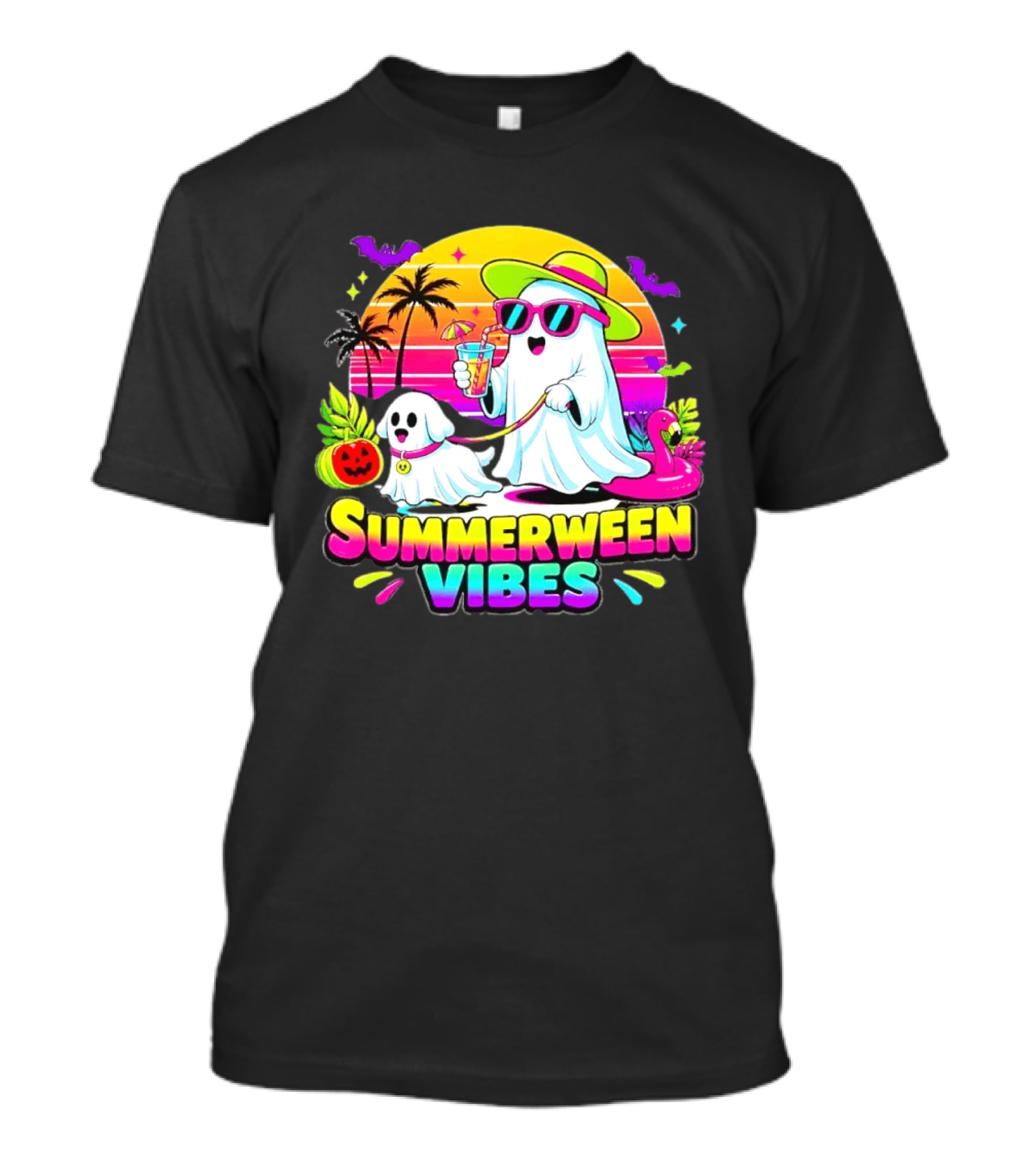 Summerween Vibes Ghost Walking Dog Retro Sunset Tropical Beach Party T-Shirt