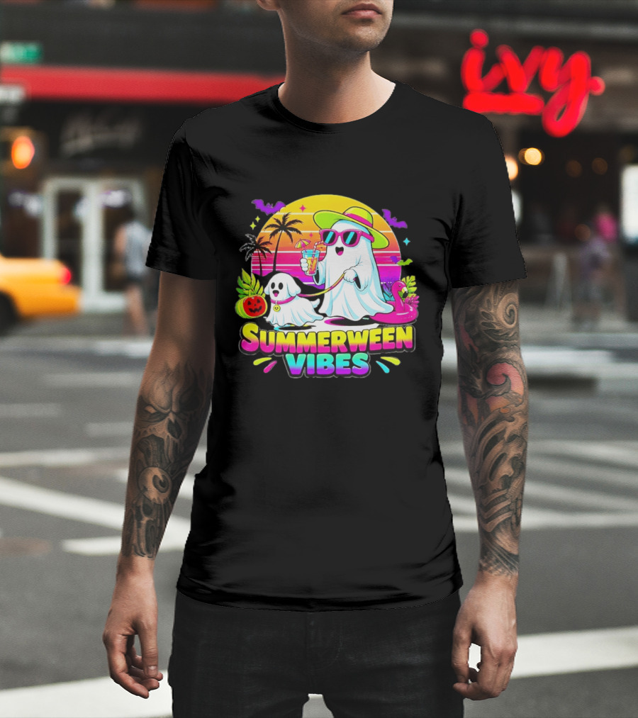 Summerween Vibes Ghost Walking Dog Retro Sunset Tropical Beach Party T-Shirt