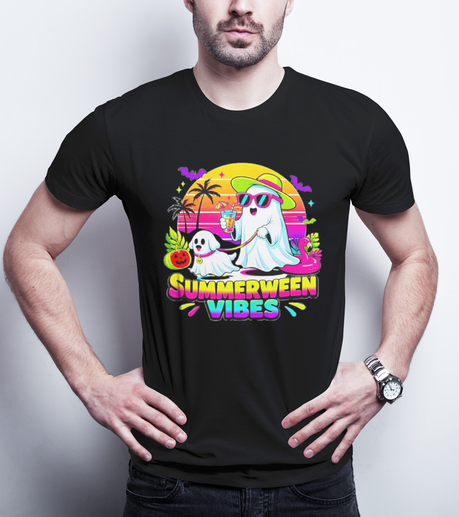 Summerween Vibes Ghost Walking Dog Retro Sunset Tropical Beach Party T-Shirt