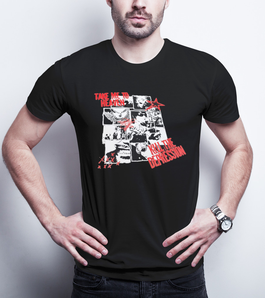 Take Me To Heaven Kill The Depression Kurt Cobain Nirvana Punk Rock Concert Collage T-Shirt