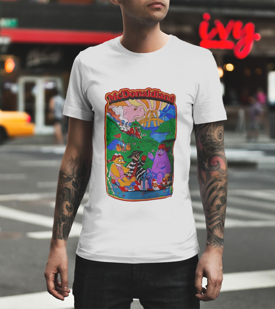 McDonaldland Hamburglar Grimace Birdie Picnic Train Scene T-Shirt