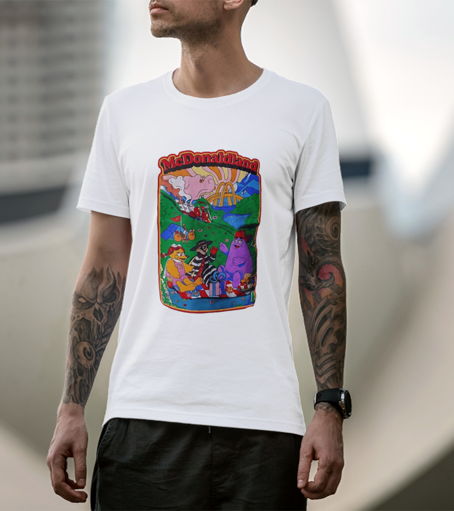 McDonaldland Hamburglar Grimace Birdie Picnic Train Scene T-Shirt