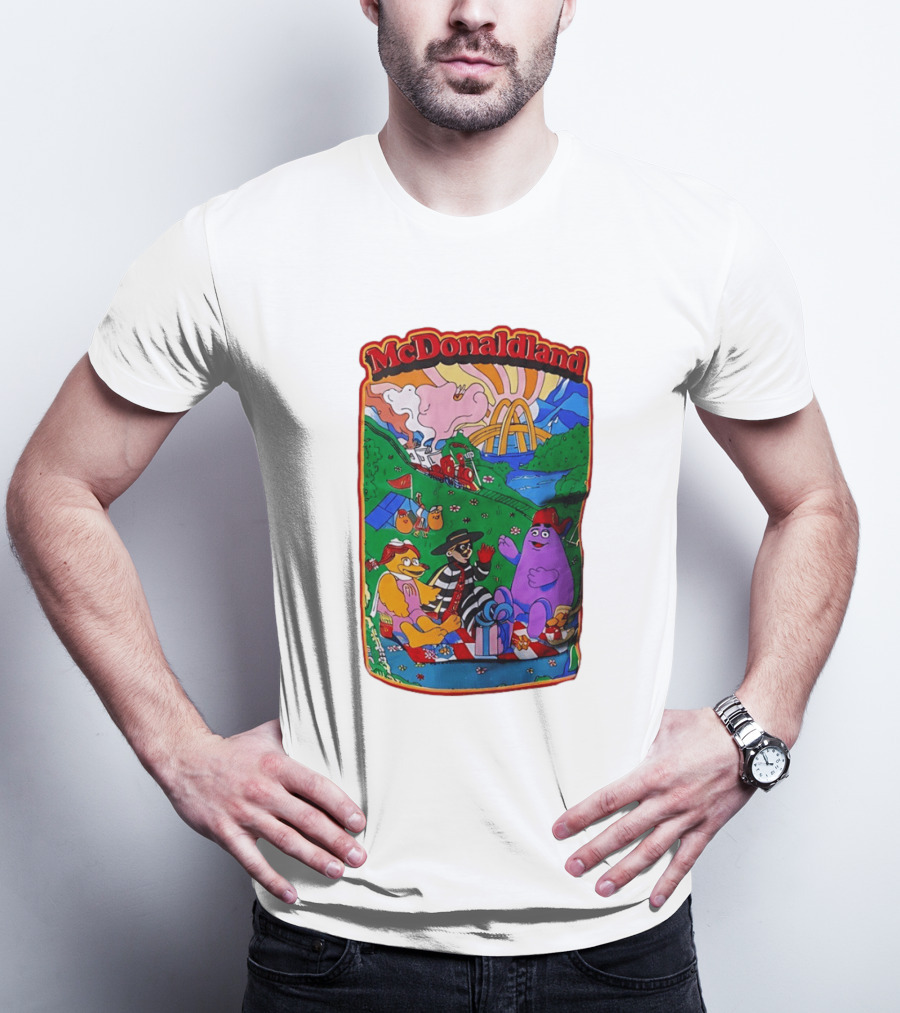 McDonaldland Hamburglar Grimace Birdie Picnic Train Scene T-Shirt