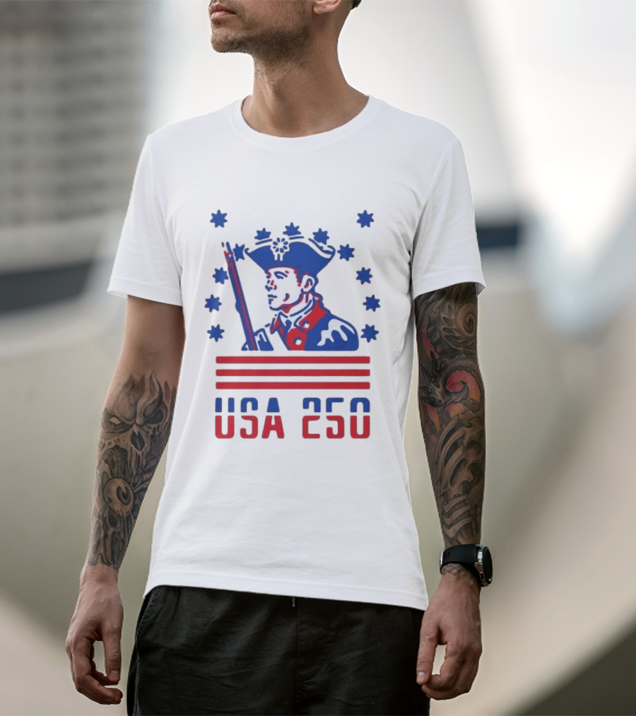 USA 250 Patriot America 250th Anniversary Revolutionary Soldier Stars Stripes T-Shirt