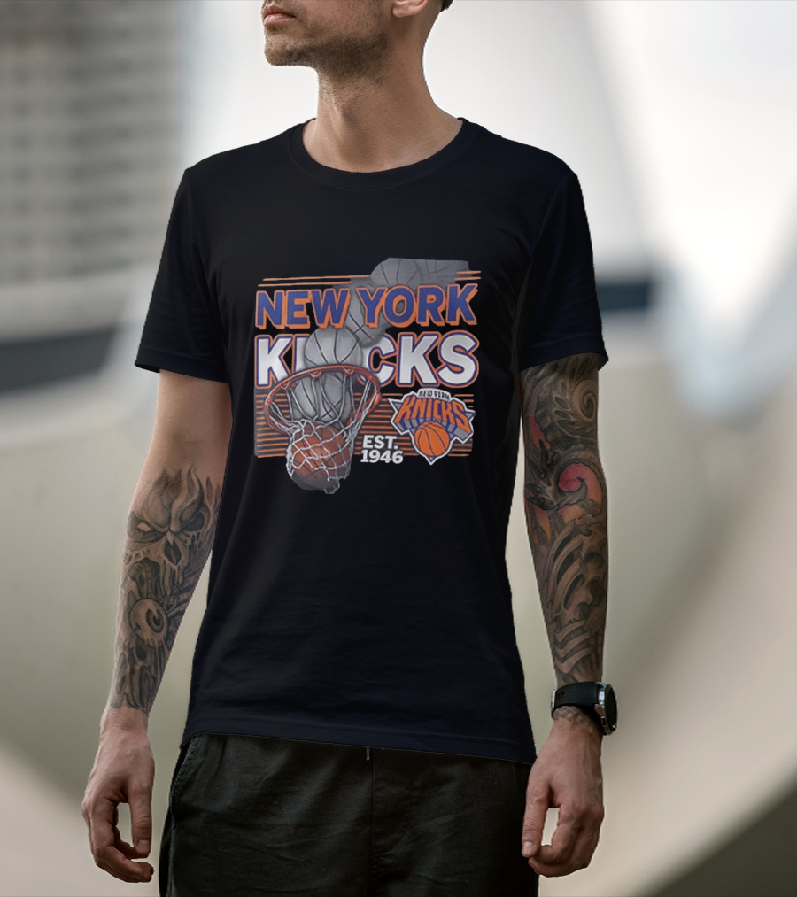 New York Knicks Basketball Hoop Net Est 1946 Team Logo 2 Sided T-Shirt