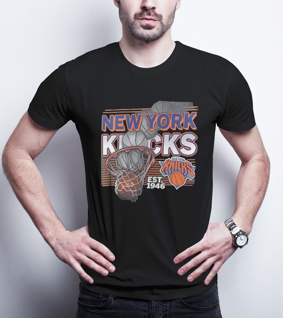 New York Knicks Basketball Hoop Net Est 1946 Team Logo 2 Sided T-Shirt