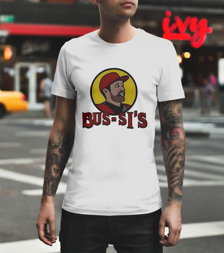 Bus Si's Baseball Player Cartoon Logo Design White T-Shirt