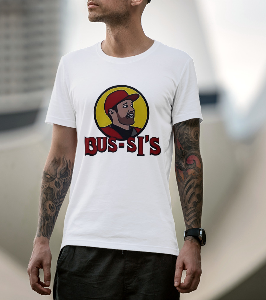 Bus Si's Baseball Player Cartoon Logo Design White T-Shirt