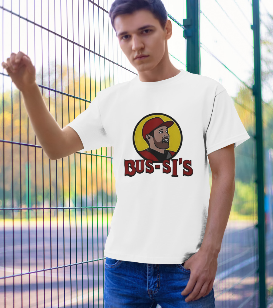 Bus Si's Baseball Player Cartoon Logo Design White T-Shirt