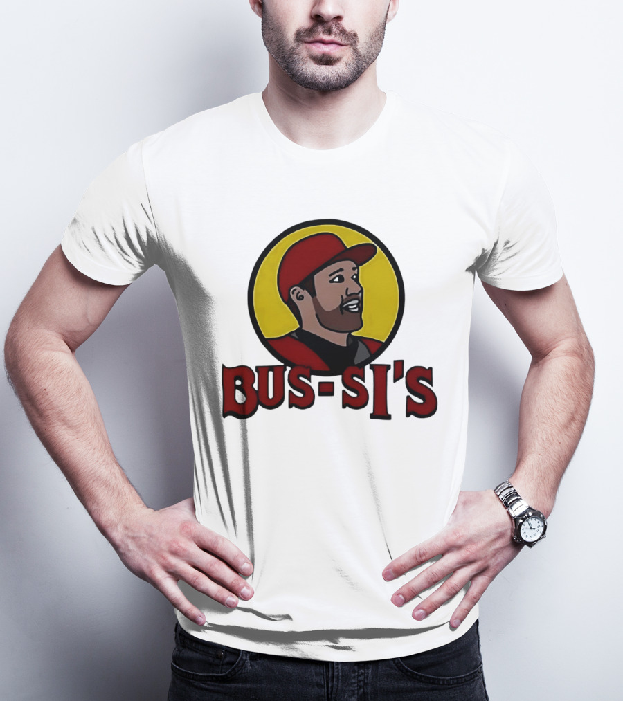 Bus Si's Baseball Player Cartoon Logo Design White T-Shirt