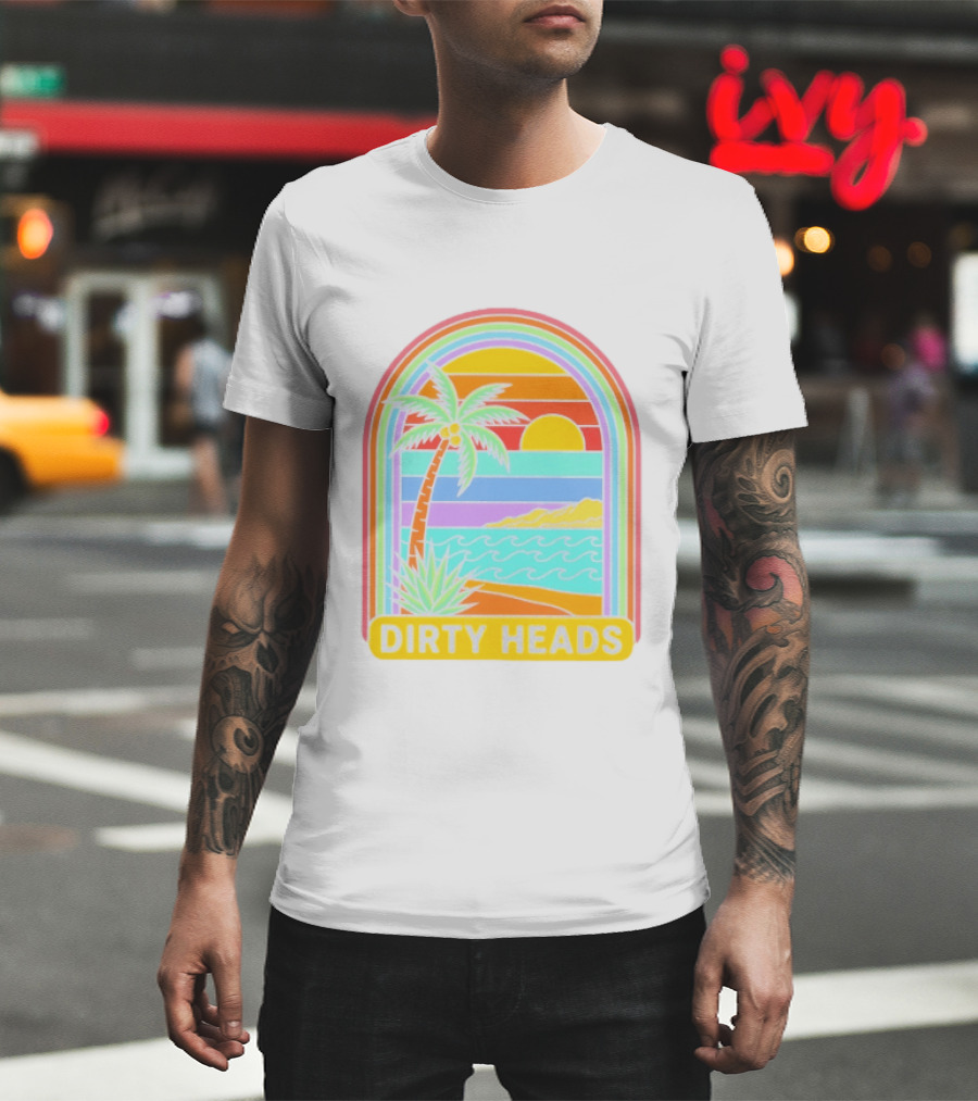 Dirty Heads Tropical Beach Palm Tree Rainbow Arch Sunset T-Shirt