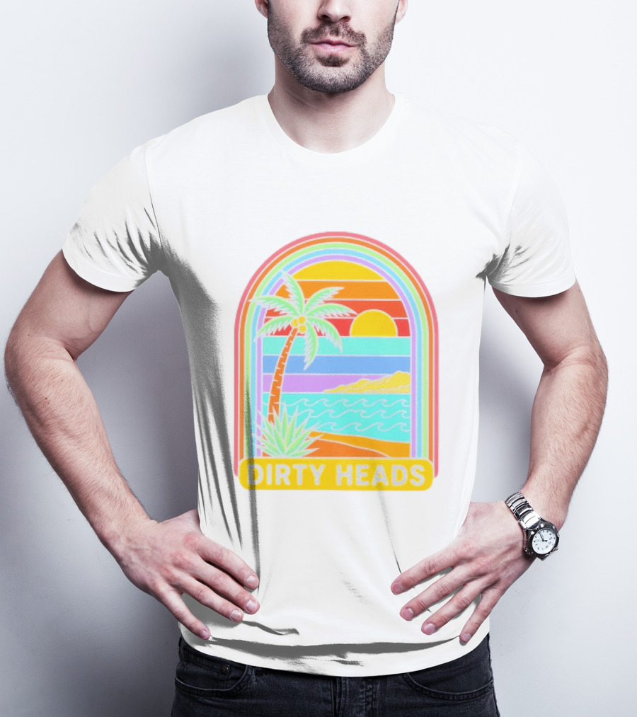 Dirty Heads Tropical Beach Palm Tree Rainbow Arch Sunset T-Shirt