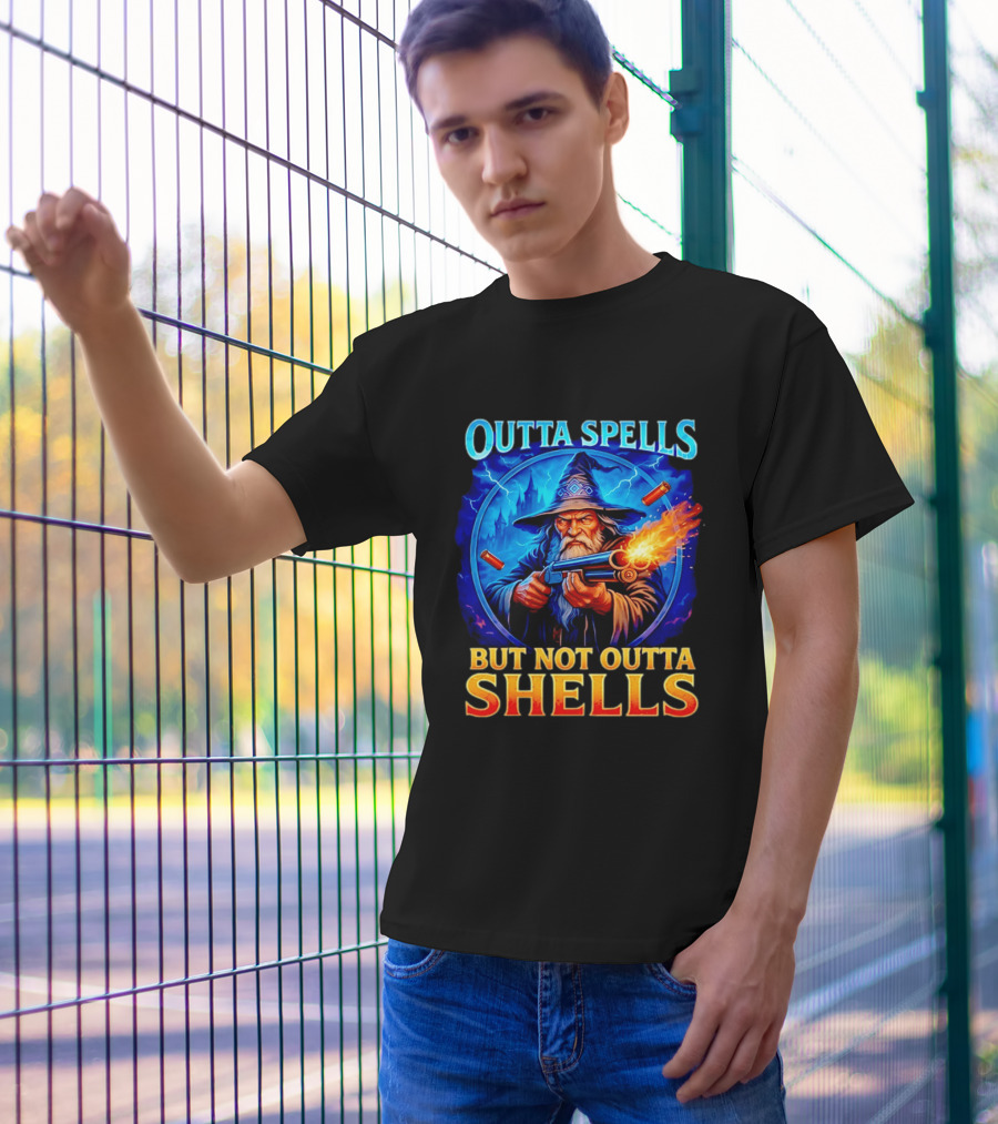 Outta Spells But Not Outta Shells Wizard With Gun Fantasy Humor T-Shirt