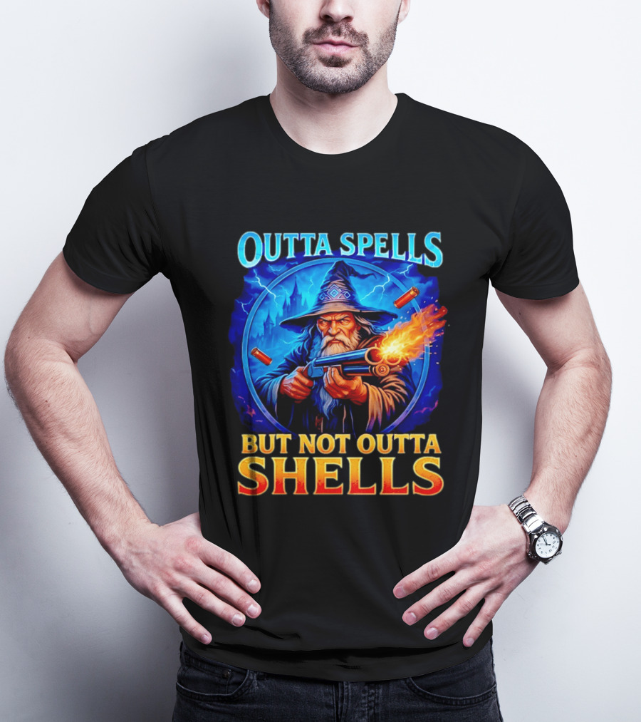 Outta Spells But Not Outta Shells Wizard With Gun Fantasy Humor T-Shirt