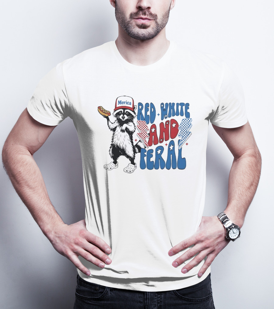 Red White And Feral Raccoon Hotdog Merica Cap Lightning Bolts Patriotic T-Shirt
