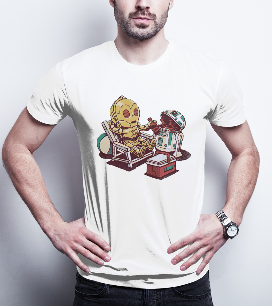 Stay Buddy Two Robots Relaxing Beach Chair Sci Fi Humor T-Shirt