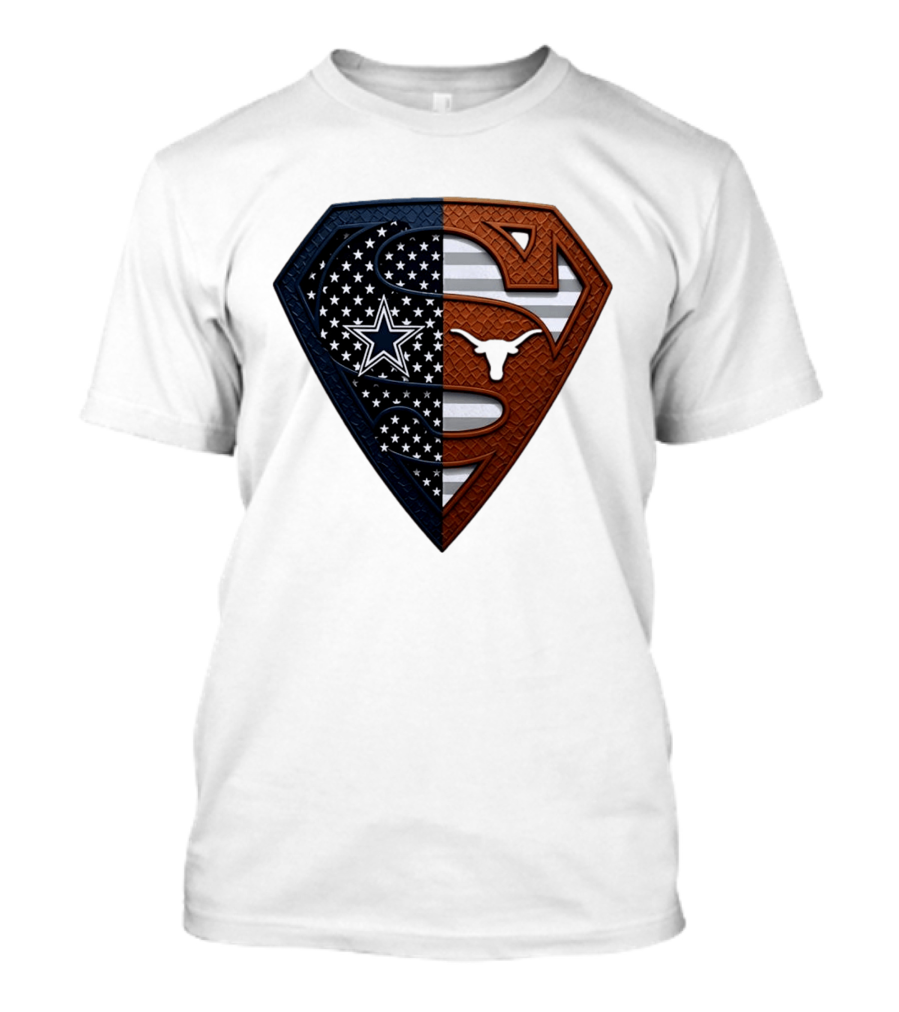 Dallas Cowboys Texas Longhorns Superman Shield Split Dual Icon Emblems T-Shirt