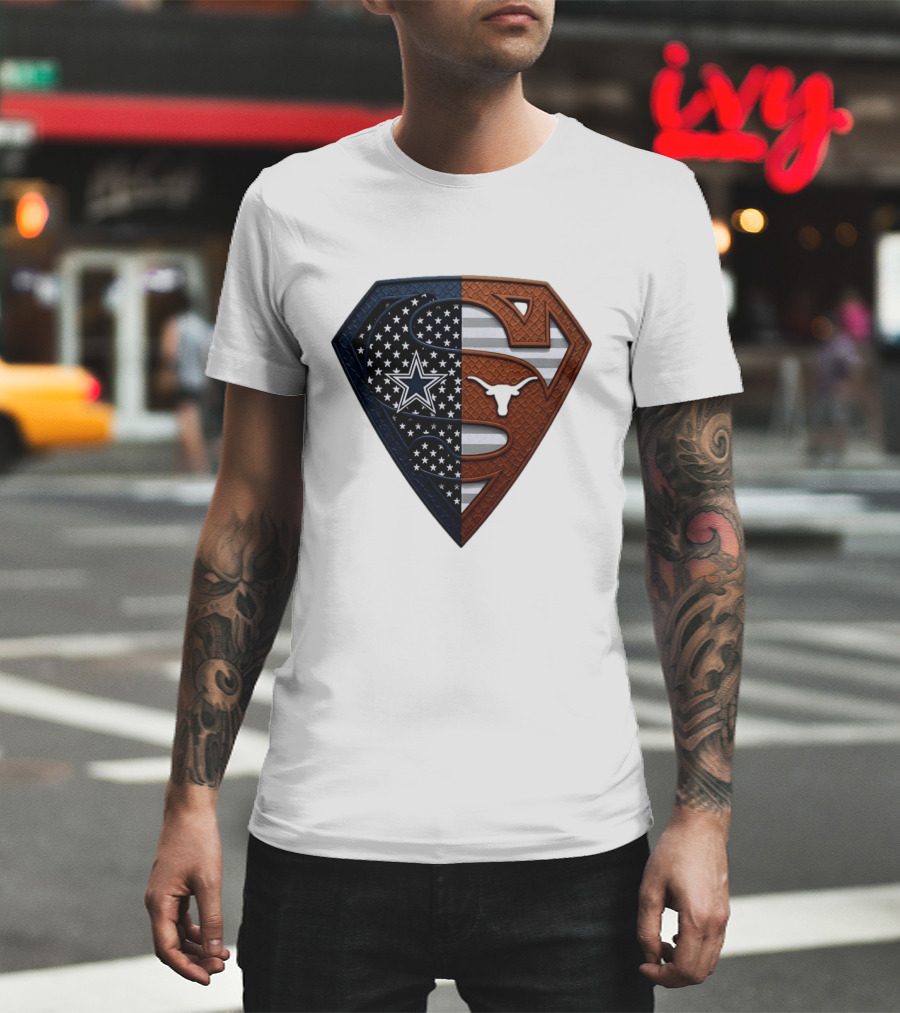 Dallas Cowboys Texas Longhorns Superman Shield Split Dual Icon Emblems T-Shirt