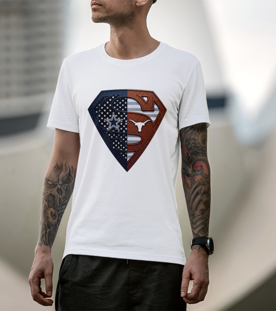 Dallas Cowboys Texas Longhorns Superman Shield Split Dual Icon Emblems T-Shirt