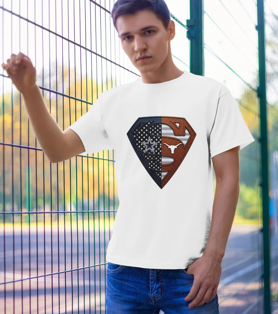 Dallas Cowboys Texas Longhorns Superman Shield Split Dual Icon Emblems T-Shirt