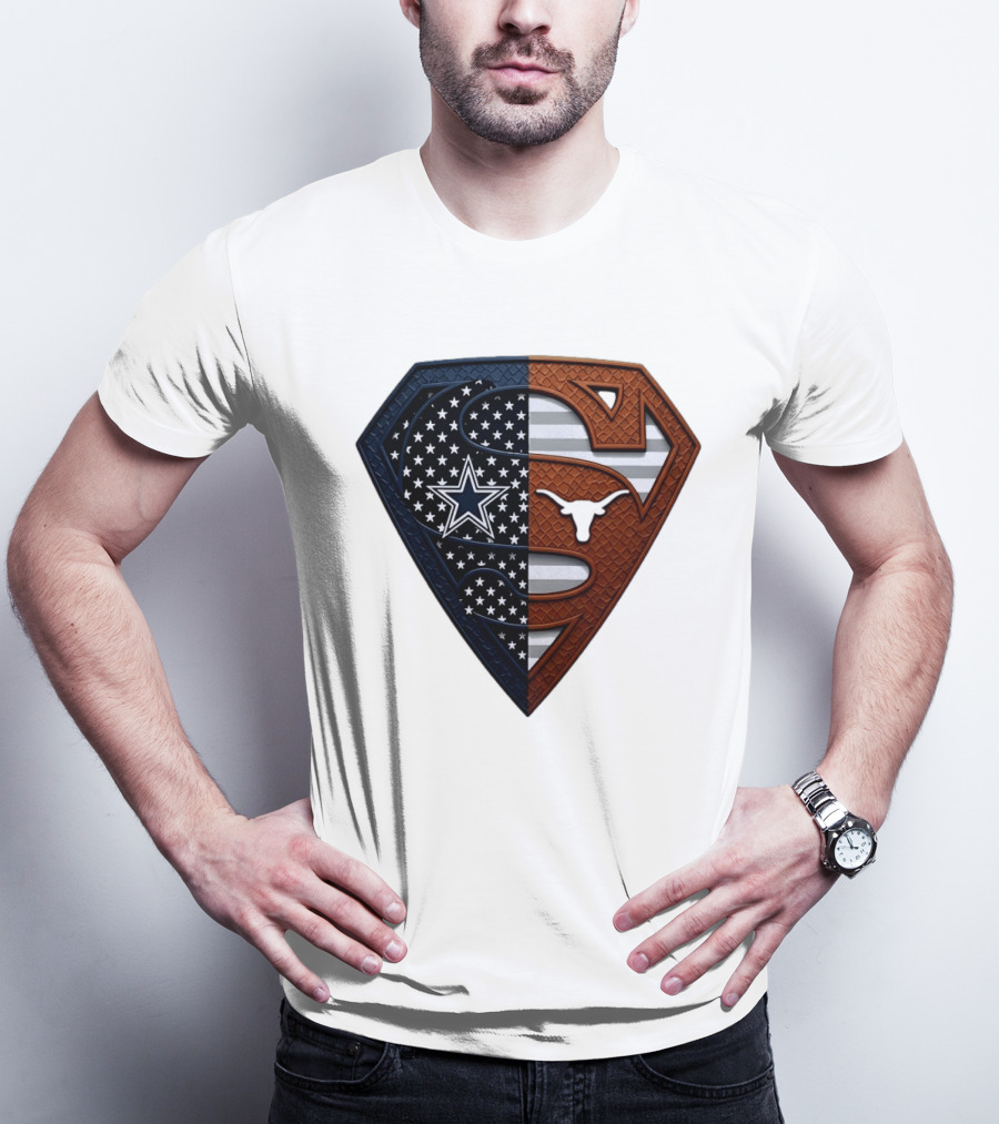 Dallas Cowboys Texas Longhorns Superman Shield Split Dual Icon Emblems T-Shirt