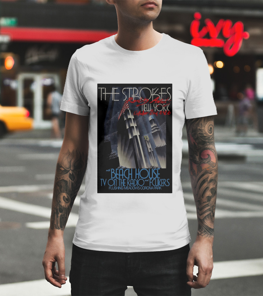 The Strokes New York Concert October 2026 Flushing Meadows Corona Park With Beach House TV On The Radio Fcukers Deco Cityscape T-Shirt