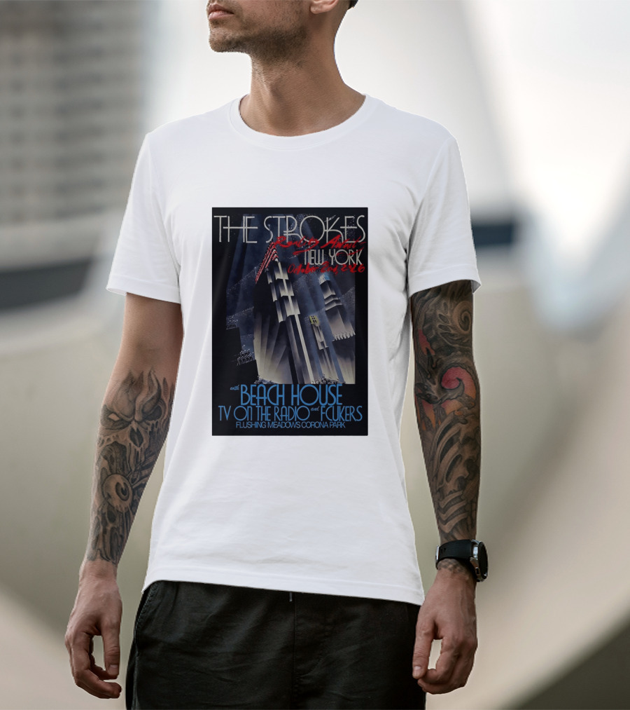 The Strokes New York Concert October 2026 Flushing Meadows Corona Park With Beach House TV On The Radio Fcukers Deco Cityscape T-Shirt