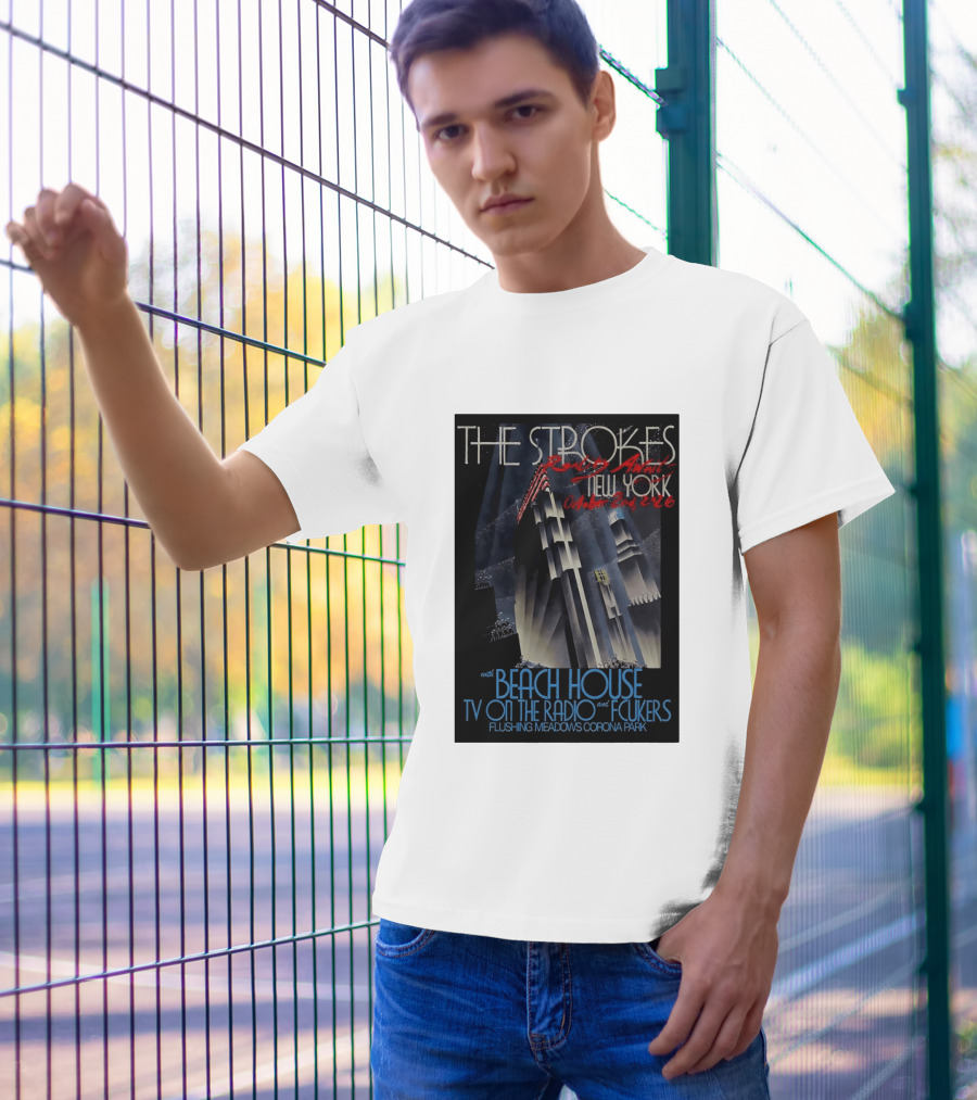 The Strokes New York Concert October 2026 Flushing Meadows Corona Park With Beach House TV On The Radio Fcukers Deco Cityscape T-Shirt