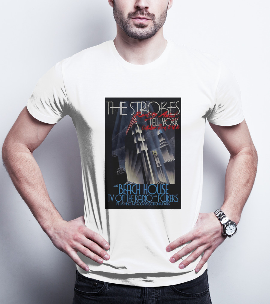 The Strokes New York Concert October 2026 Flushing Meadows Corona Park With Beach House TV On The Radio Fcukers Deco Cityscape T-Shirt