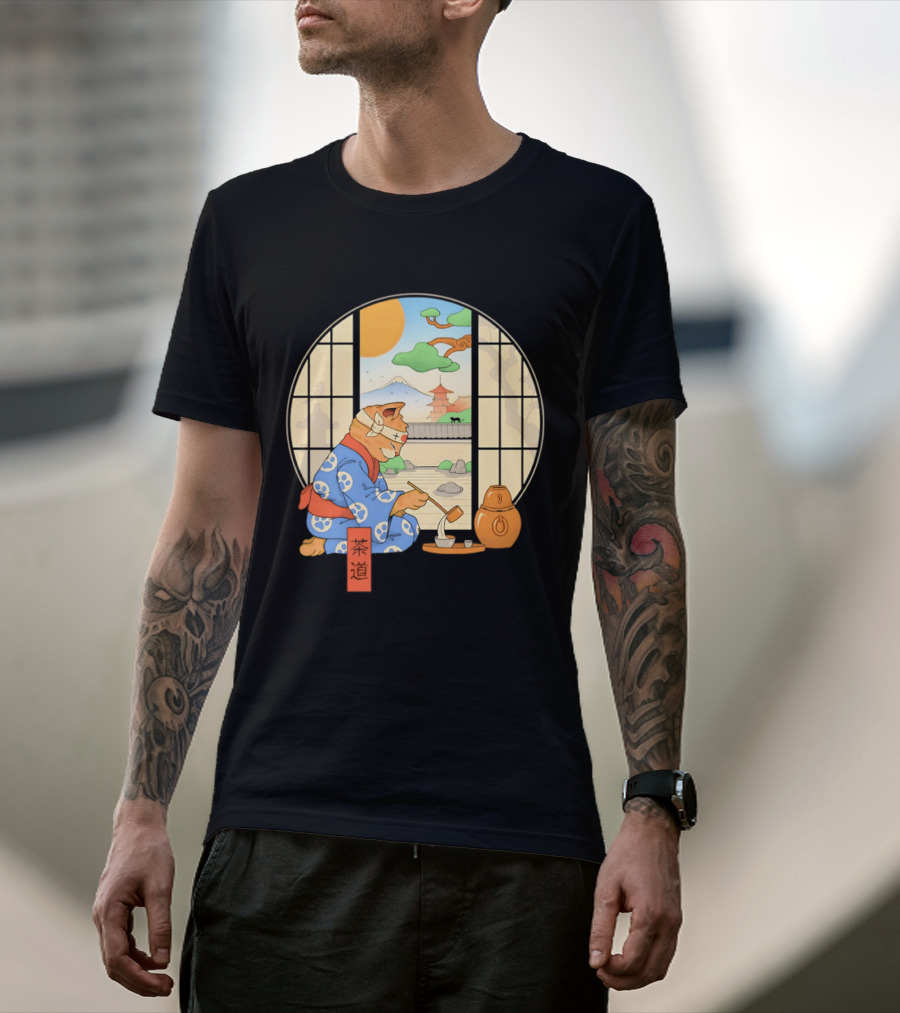 Ukiyo E Style Cat Tea Ceremony With Japanese Landscape T-Shirt