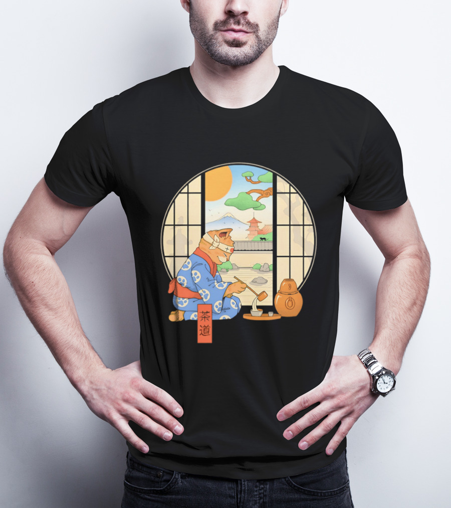 Ukiyo E Style Cat Tea Ceremony With Japanese Landscape T-Shirt
