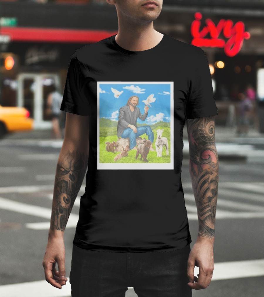 Keanu Reeves Surrounded By Animals In Peaceful Steppe Landscape T-Shirt