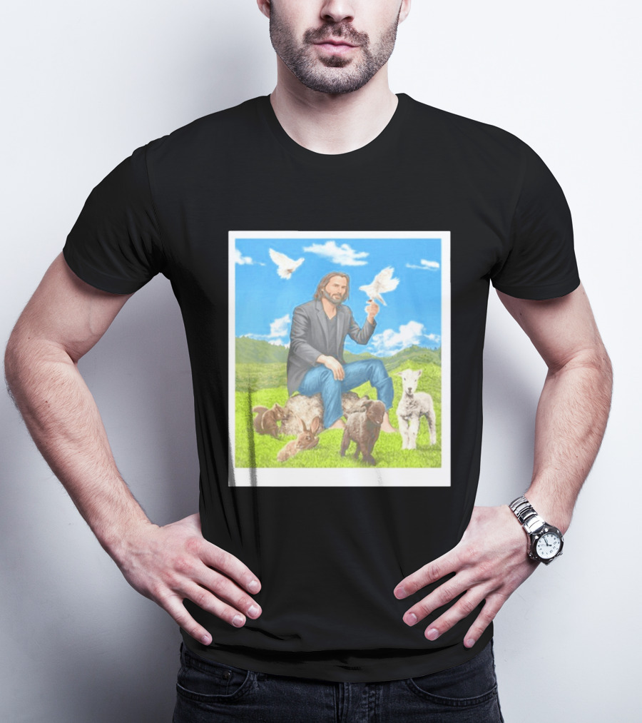 Keanu Reeves Surrounded By Animals In Peaceful Steppe Landscape T-Shirt