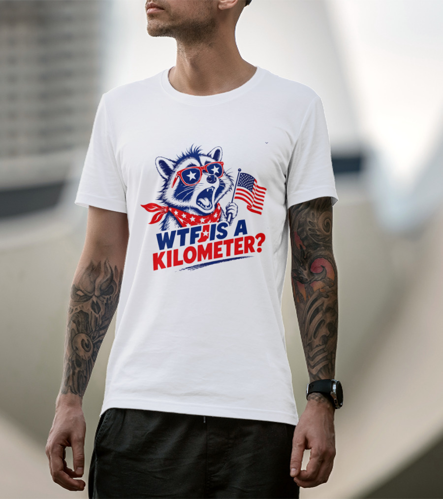 WTF Is A Kilometer Star Spangled Raccoon Holding American Flag 4th Of July T-Shirt