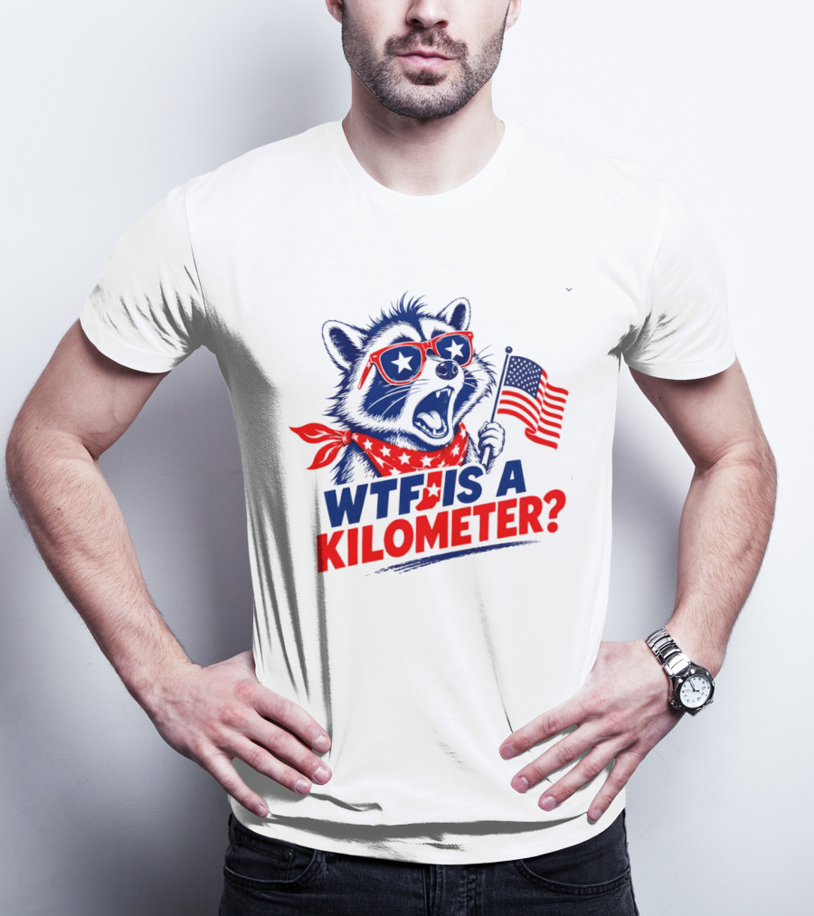 WTF Is A Kilometer Star Spangled Raccoon Holding American Flag 4th Of July T-Shirt