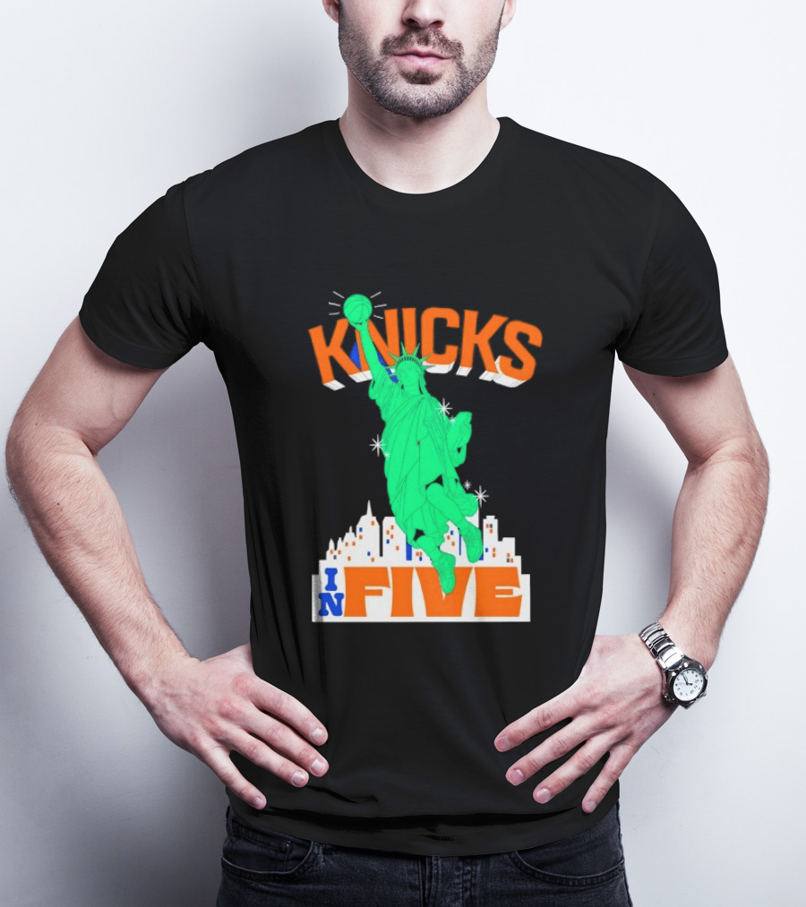 Knicks Statue Of Liberty Dunk In Five Basketball Cartoon Skyline T-Shirt