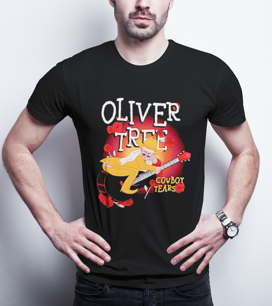 Oliver Tree Cowboy Tears Cartoon Character With Roses And Guitar T-Shirt
