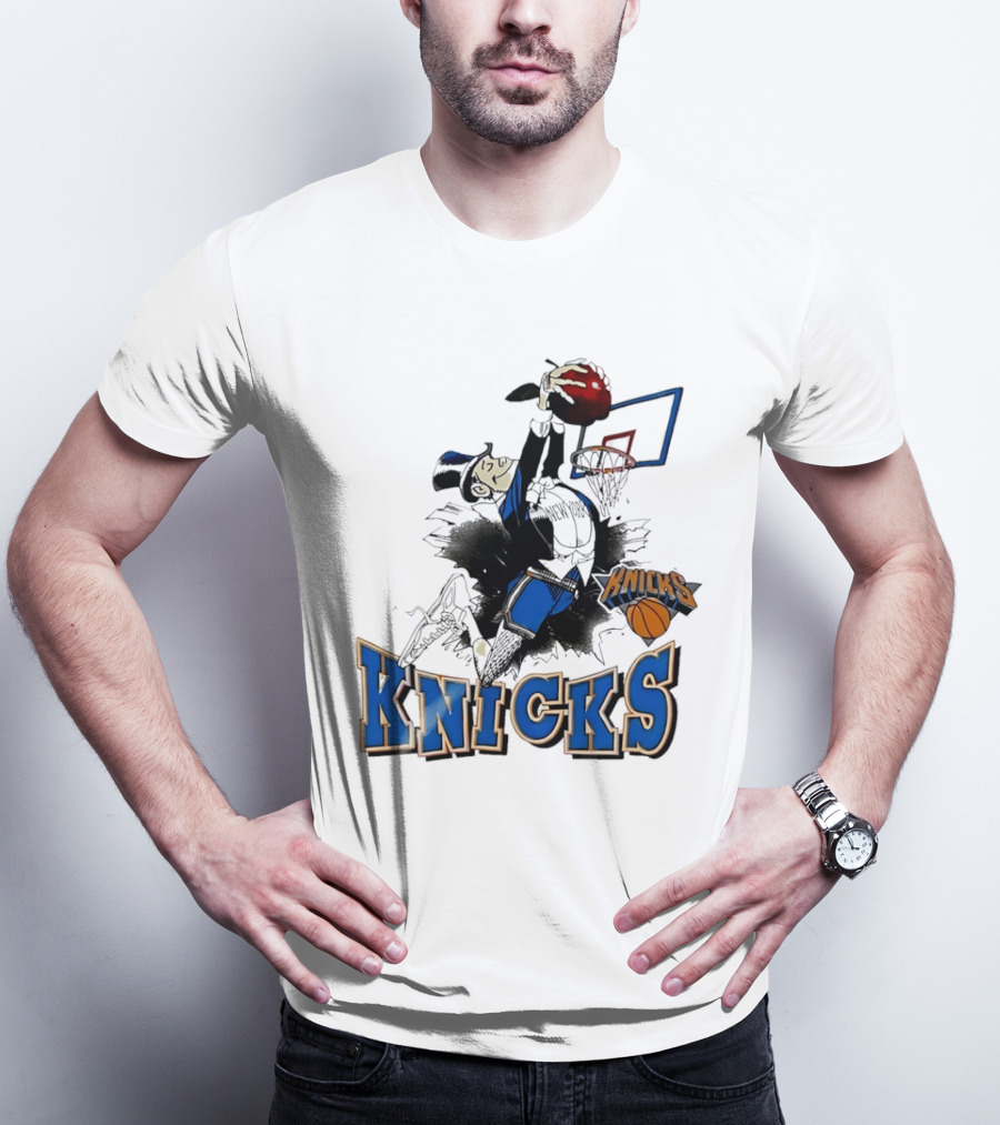 New York Knicks Dunking Red Apple Knicks Text Blue Basketball T-Shirt